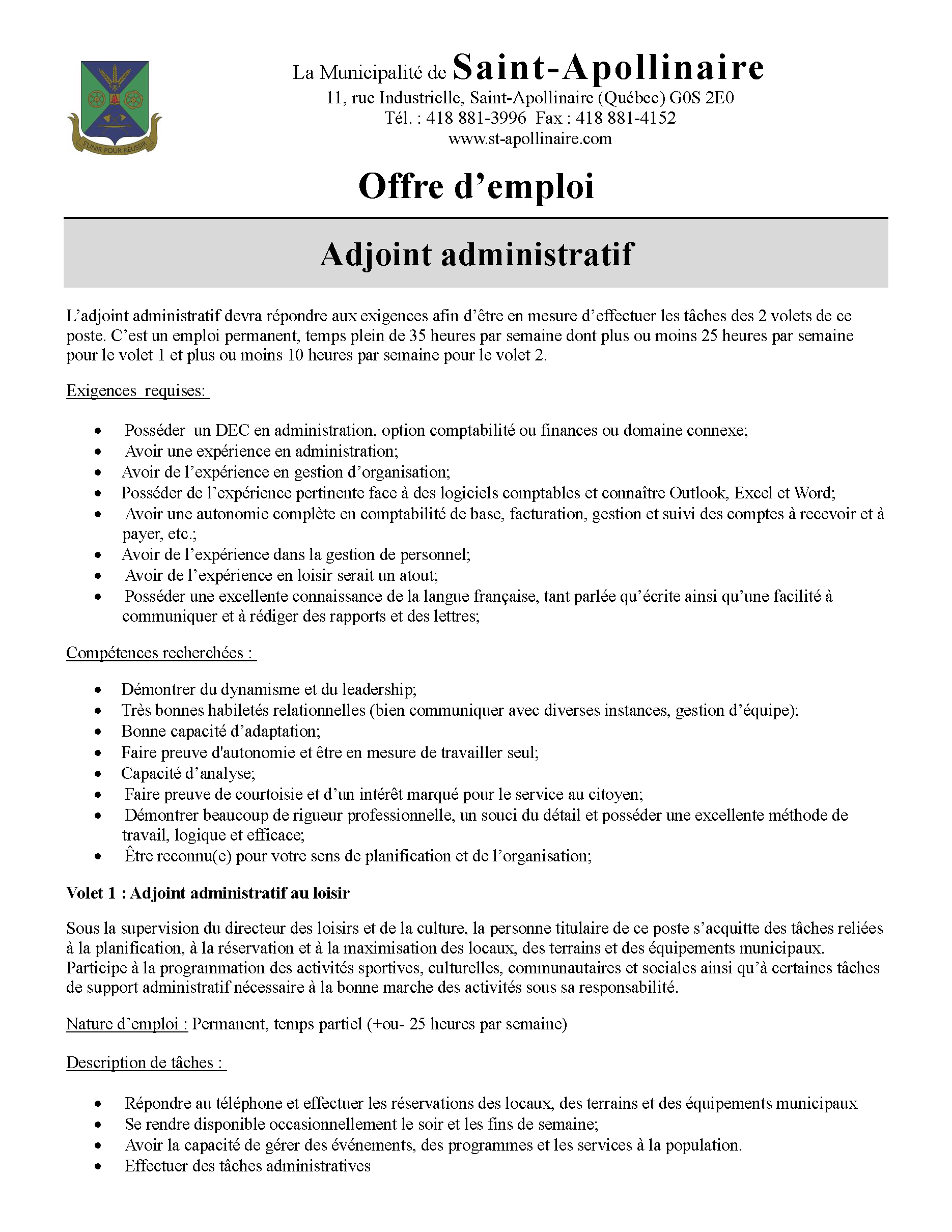 Offre d'emploi - Adjoint administratif au loisir/Technicien ...